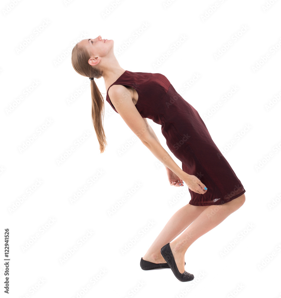 Balancing young woman. or dodge falling woman. Rear view people ...