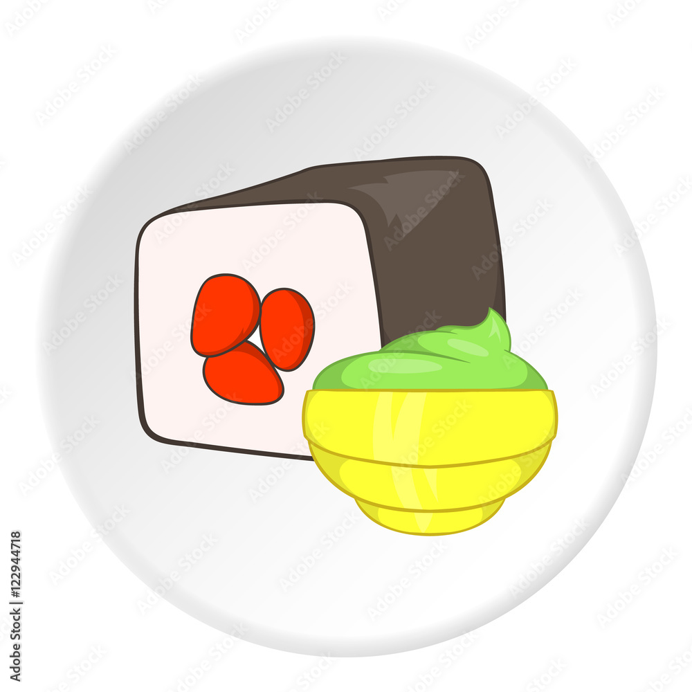 Sushi icon in cartoon style isolated on white circle background. Food ...
