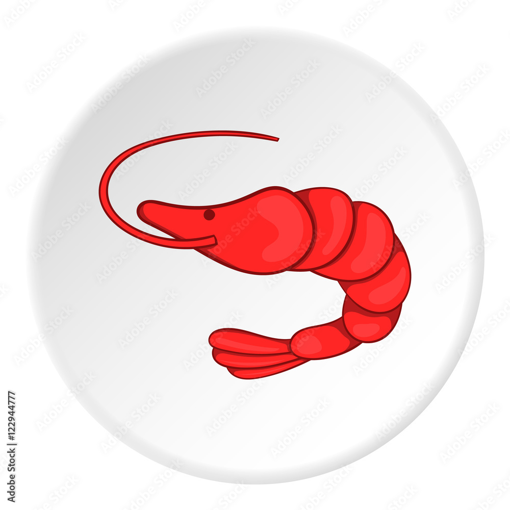 Shrimp icon in cartoon style isolated on white circle background ...