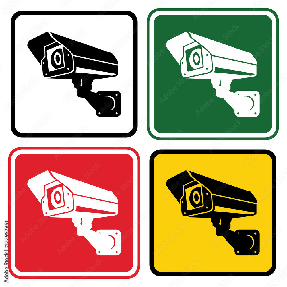 Sign surveillance camera. Set of warning signs in different colo Stock ...
