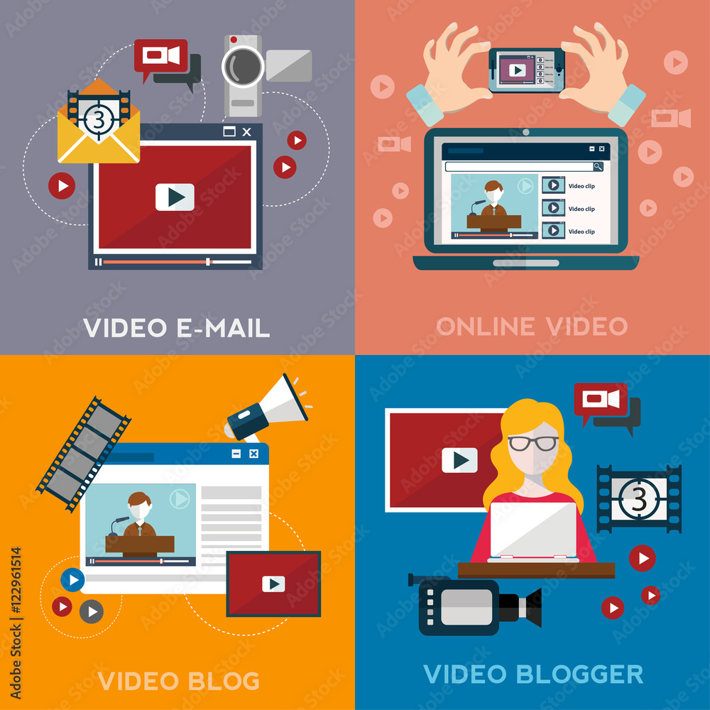 Online video blog design concept set with blogger media flat icons ...