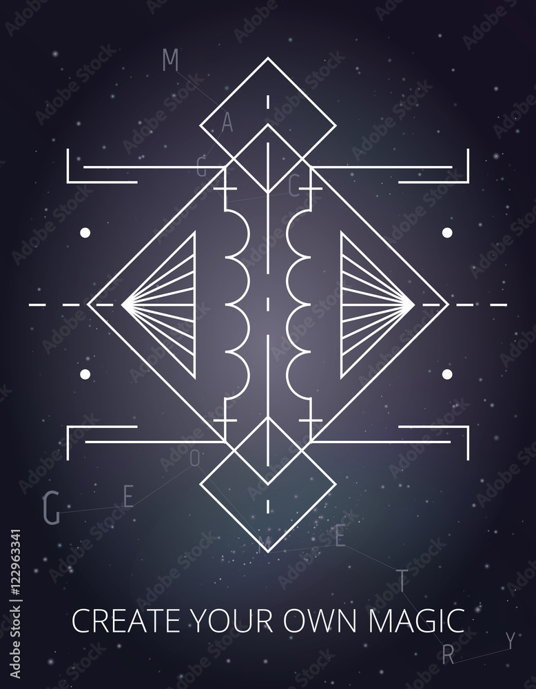 White vector linear illustration on cosmic background. Abstract mystic ...