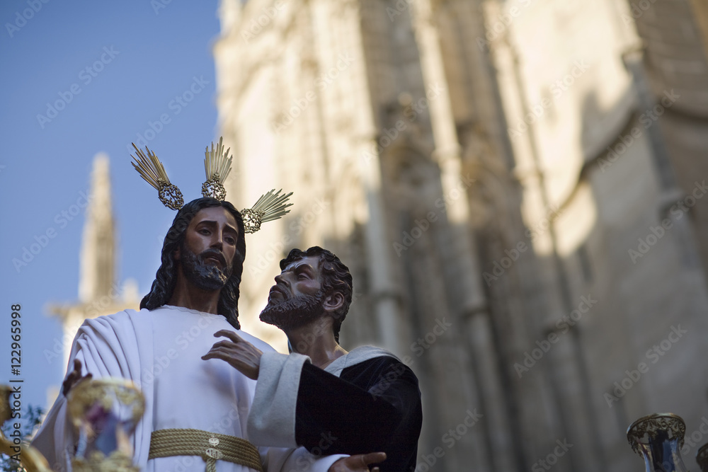 Judas Iscariot kissing Jesus Christ, Holy Week float, Seville, Spain ...