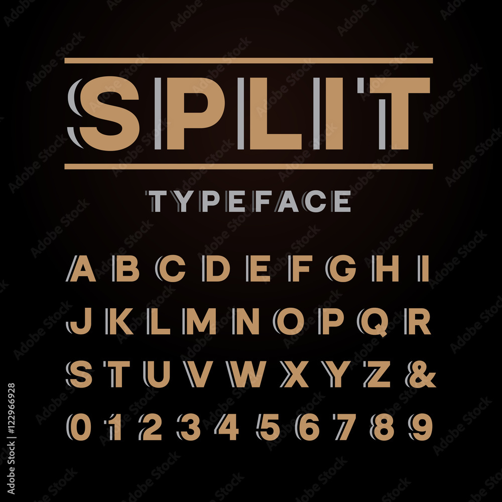 Poster Bold font. Vector alphabet with split effect letters and numbers ...
