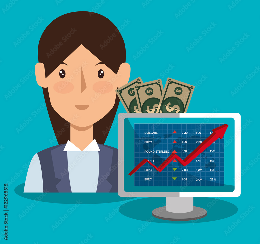 avatar business woman smiling and monitor computer with graphic ...