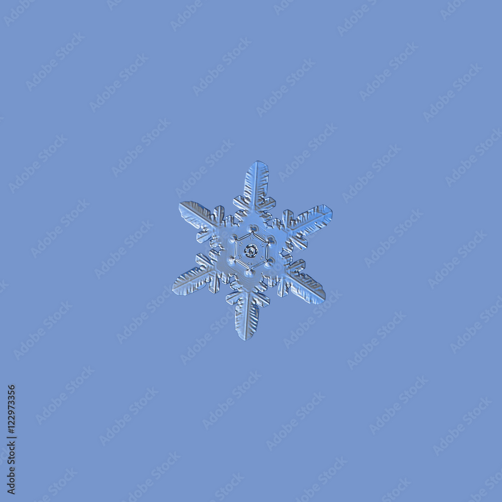 Snowflake isolated on uniform blue background: real snowflake macro ...