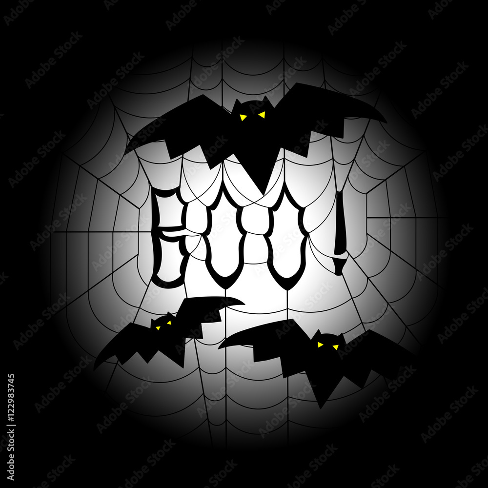 Spider web with word boo in the center, with bats flying around it, on ...