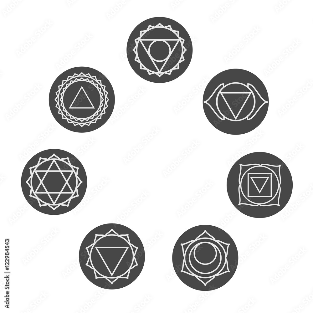 Set of seven chakras icons. Symbols of energy centers. Yoga and Stock ...