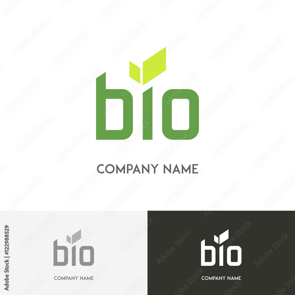Ecology logo - letters bio and green fresh leaves on the white ...