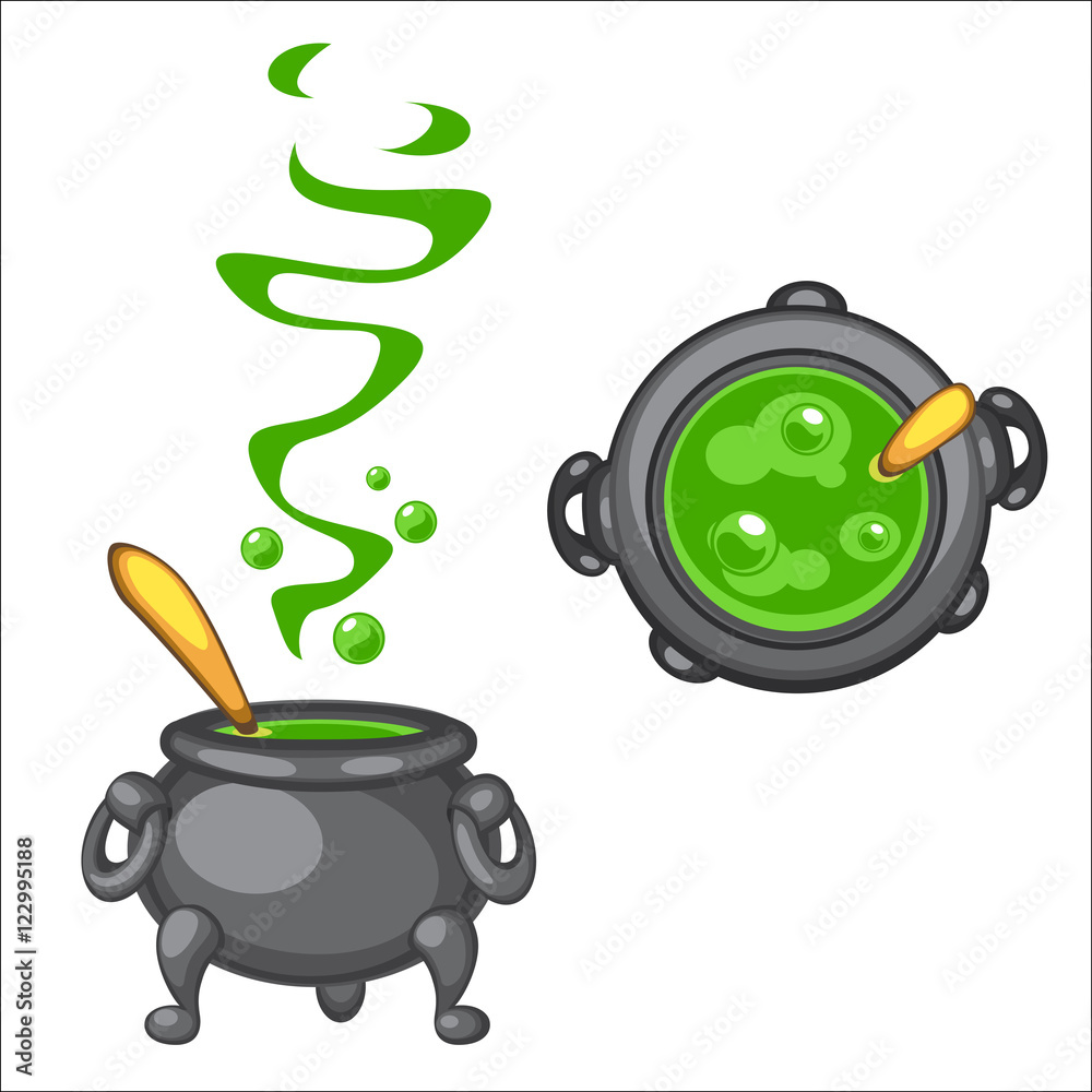Cartoon cauldron with green boiling poison and golden spoon, side top ...