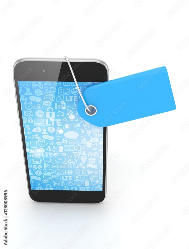 Smart phone with blue price tag on white background. Identification ...