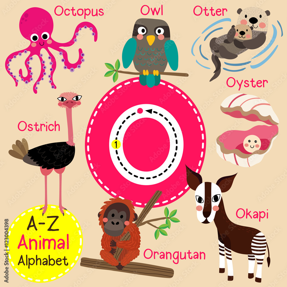 Vecteur Stock O letter tracing. Octopus. Orangutan. Otter. Owl. Oyster ...