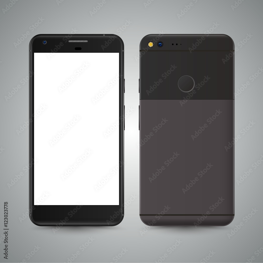 Pixel phone mockup. Front and back smartphone with blank screen. Vector ...
