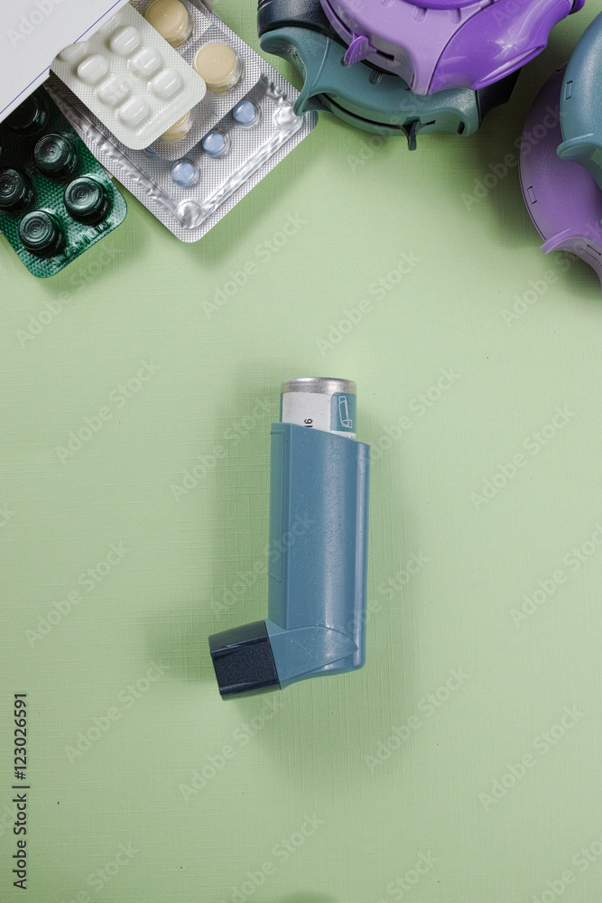 Asthma, allergy, illness relief concept, salbutamol inhalers and drugs ...