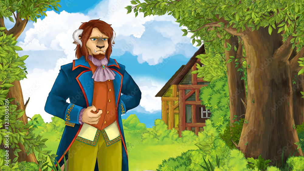 Cartoon scene with someone standing in the forest near wooden house ...