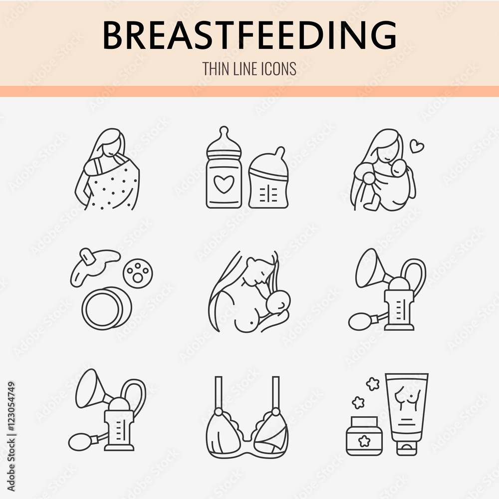 Modern vector line icon of breastfeeding, baby infant food. Breast ...