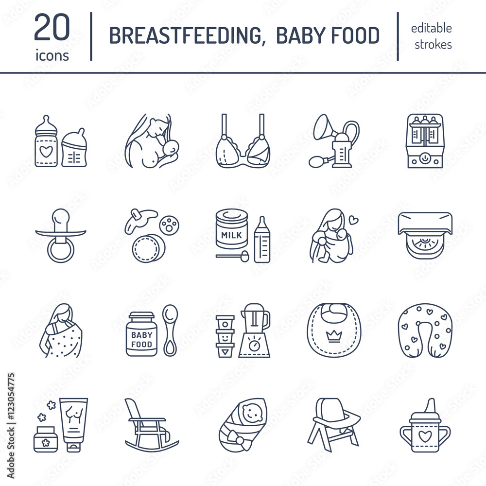 Modern vector line icon of breast feeding, baby infant food. Nursery ...