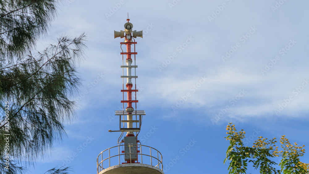 Tsunami siren warning loudspeakers are installed on the beach in ...