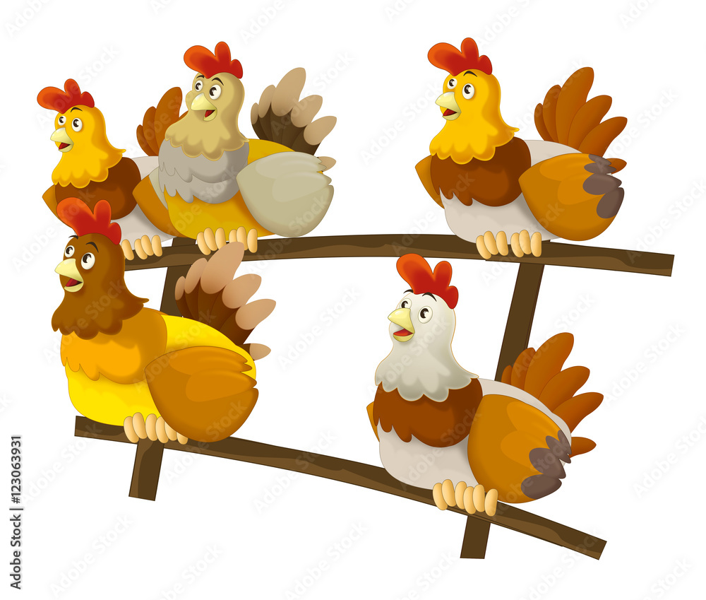 Cartoon happy farm scene - crowd of happy hens sitting - illustration ...