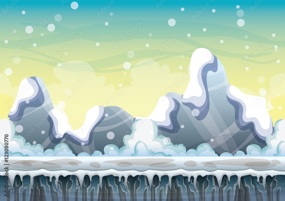 cartoon vector snow landscape background with separated layers for game ...