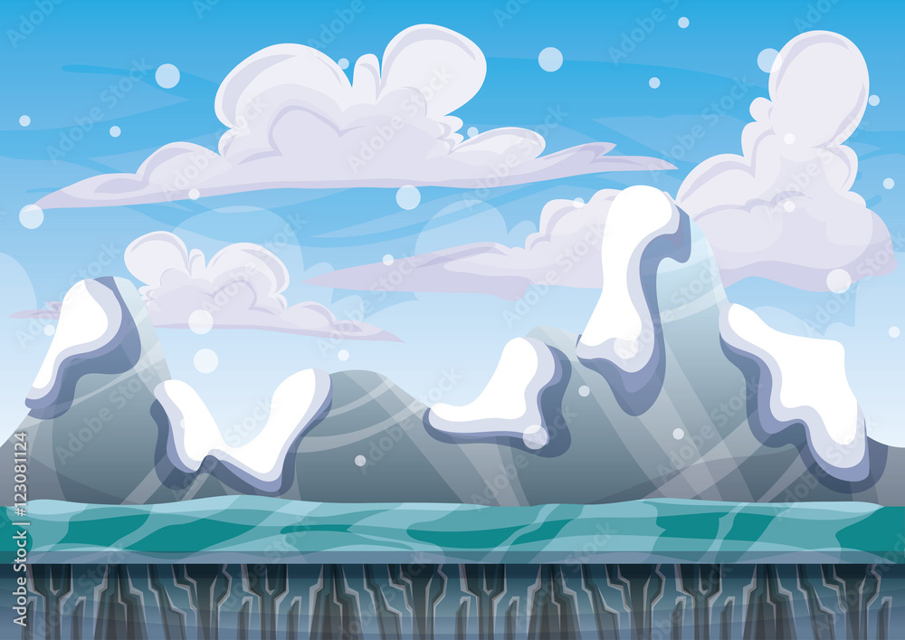 cartoon vector snow landscape background with separated layers for game ...