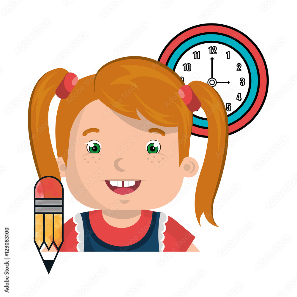 avatar girl smiling with clock and pencil icon. colorful design. vector ...