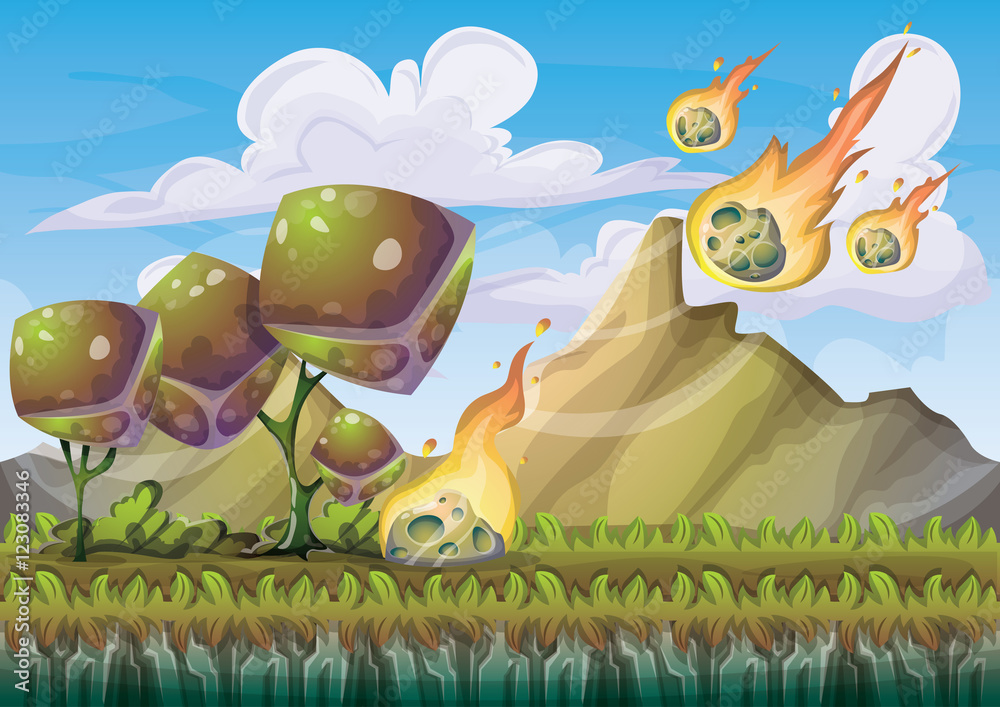 cartoon vector landscape with meteor background with separated layers ...