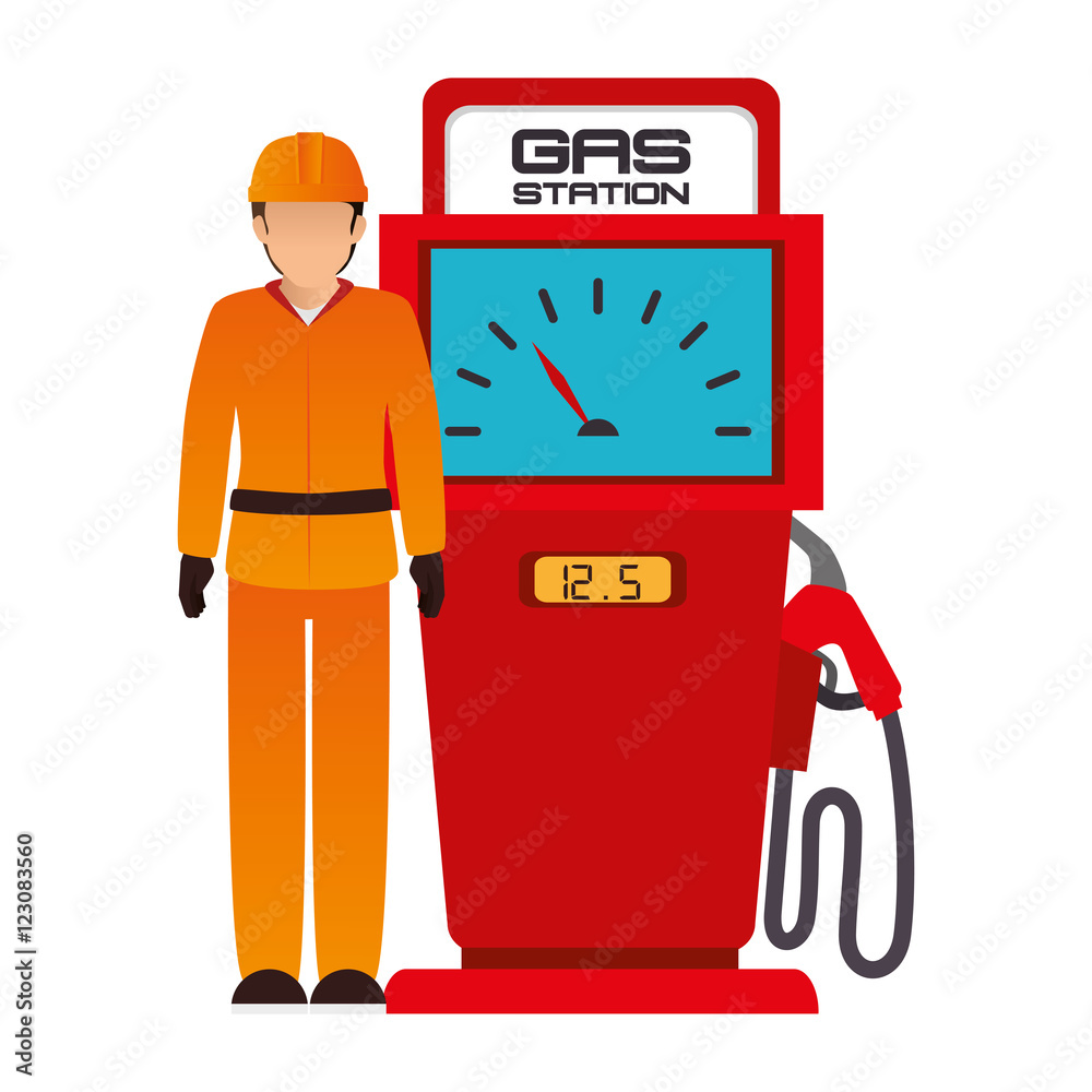 avatar industrial worker with safety equipment and gas station pump ...