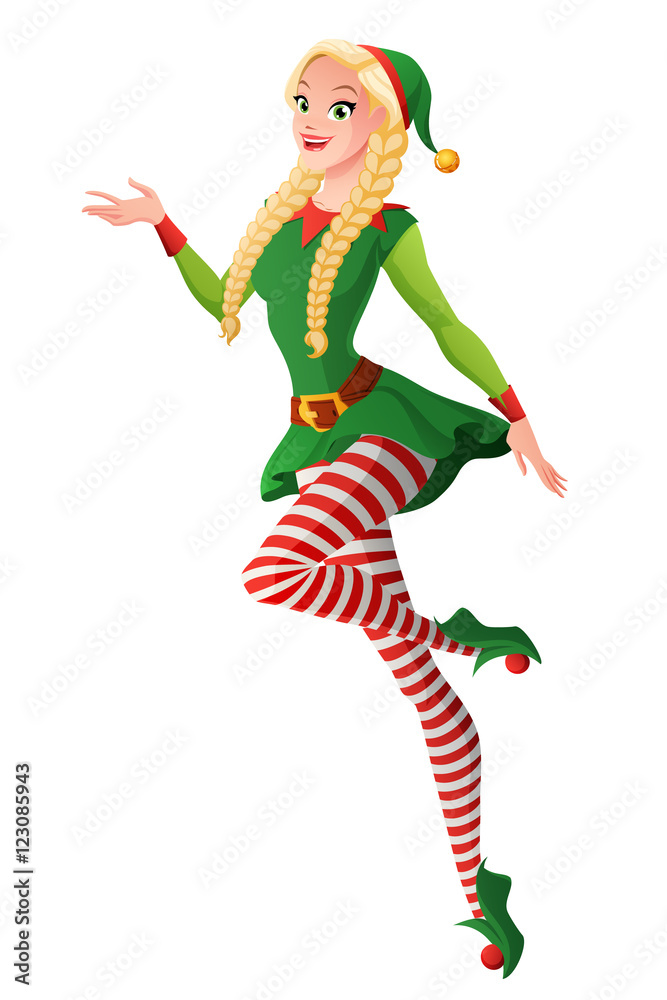Pretty girl in green Christmas elf costume presenting and flying. Stock ...