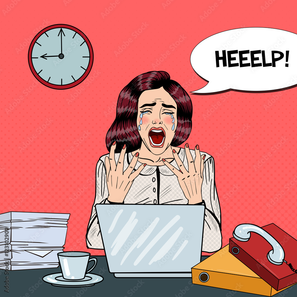 Pop Art Crying Stressed Business Woman Screaming at Multi Tasking ...