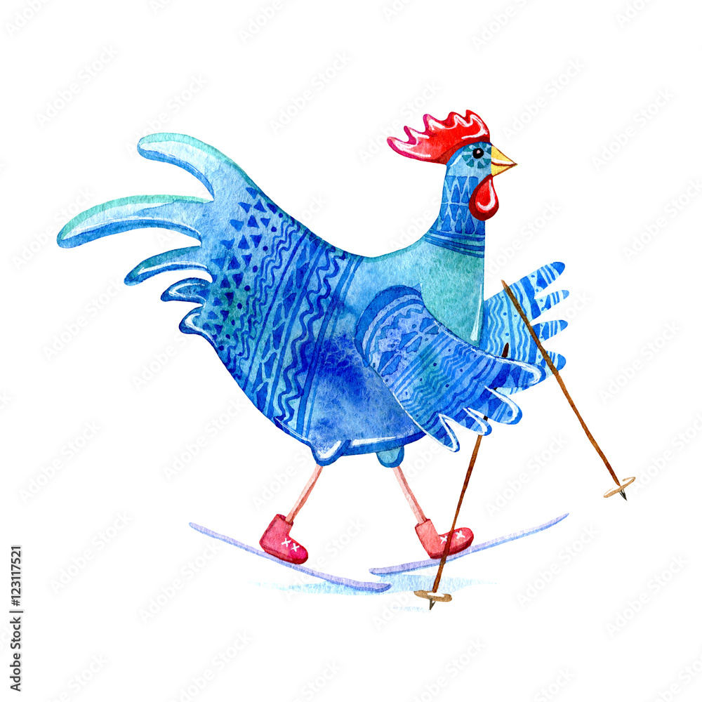 comic rooster ornament on skis.Symbol of the new year 2017.Watercolor ...