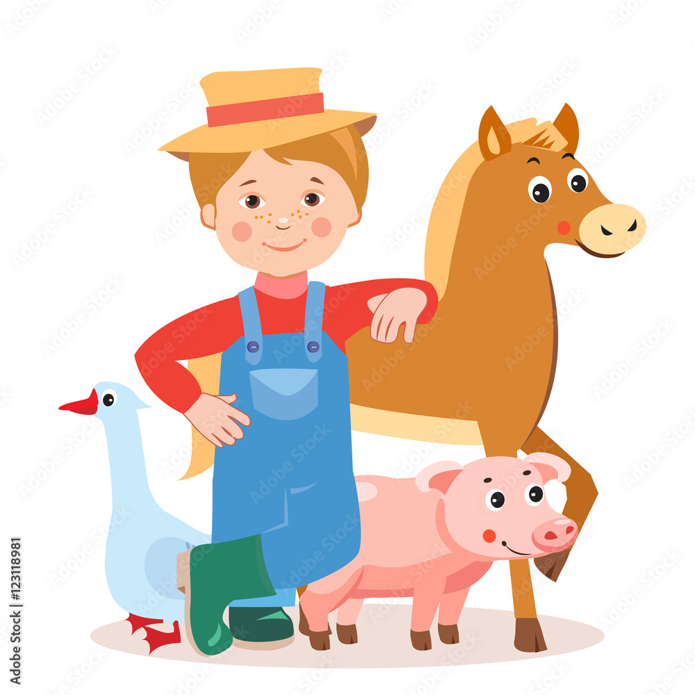 Young Farmer With Farm Animals: Horse, Pig, Goose. Cartoon Vector ...