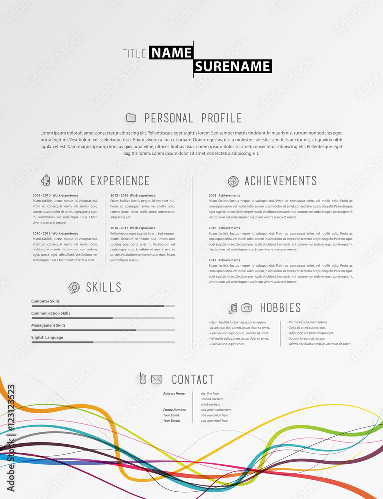 Creative simple cv template with colorful lines at the footer. Stock ...