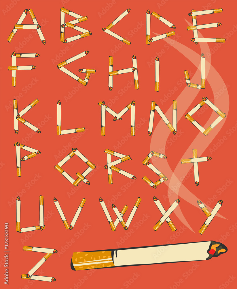 Font made of cigarettes. Comic cartoon cigarette alphabet. Smoking ...