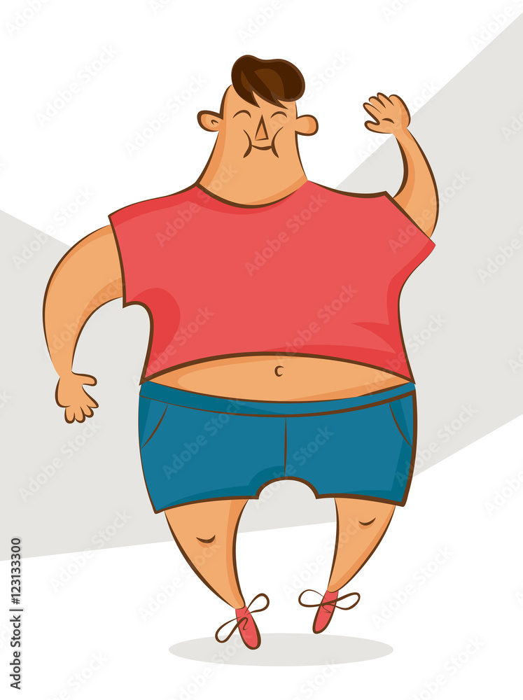 Young man in red shirt with excess weight. Comic cartoon illustration ...