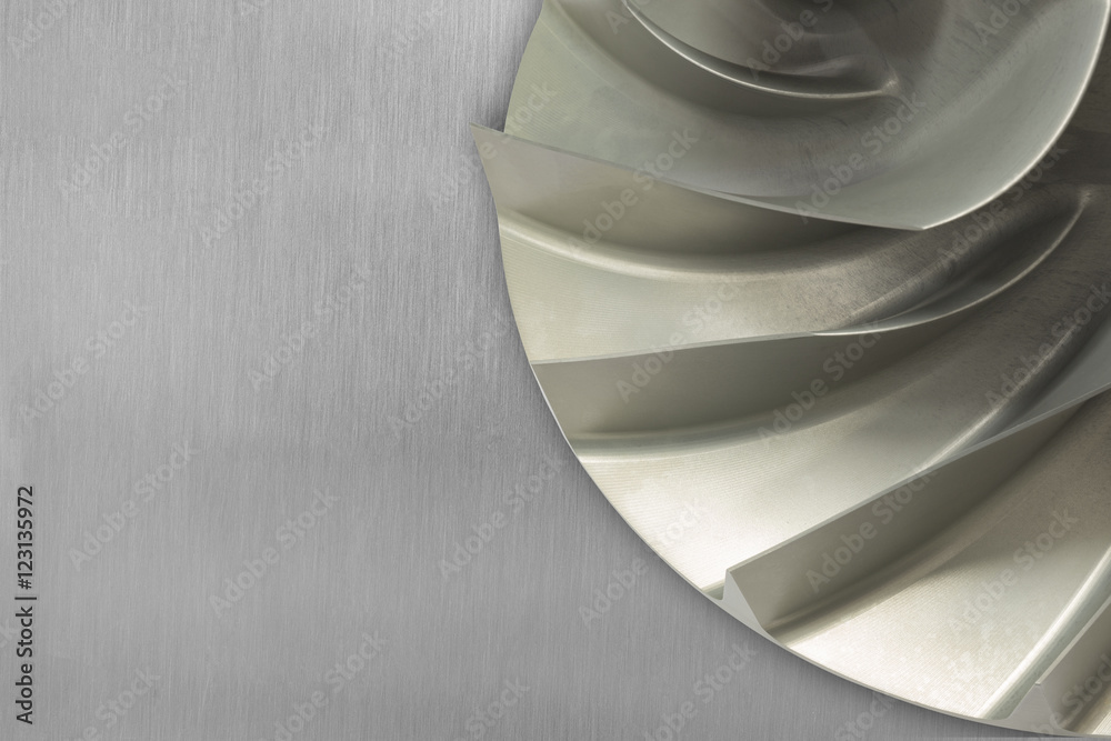 Rotor blade of centrifugal type gas compressor placed on aluminum sheet ...