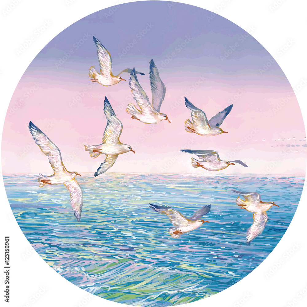 Flying seagull on sea background. Composition in a circle. Stock Vector ...