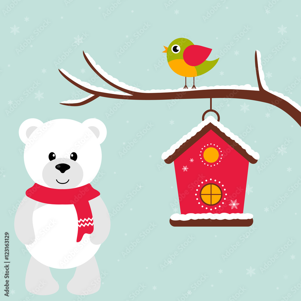 cartoon winter bird and birdhouse on a branch and teddy Stock Vector ...