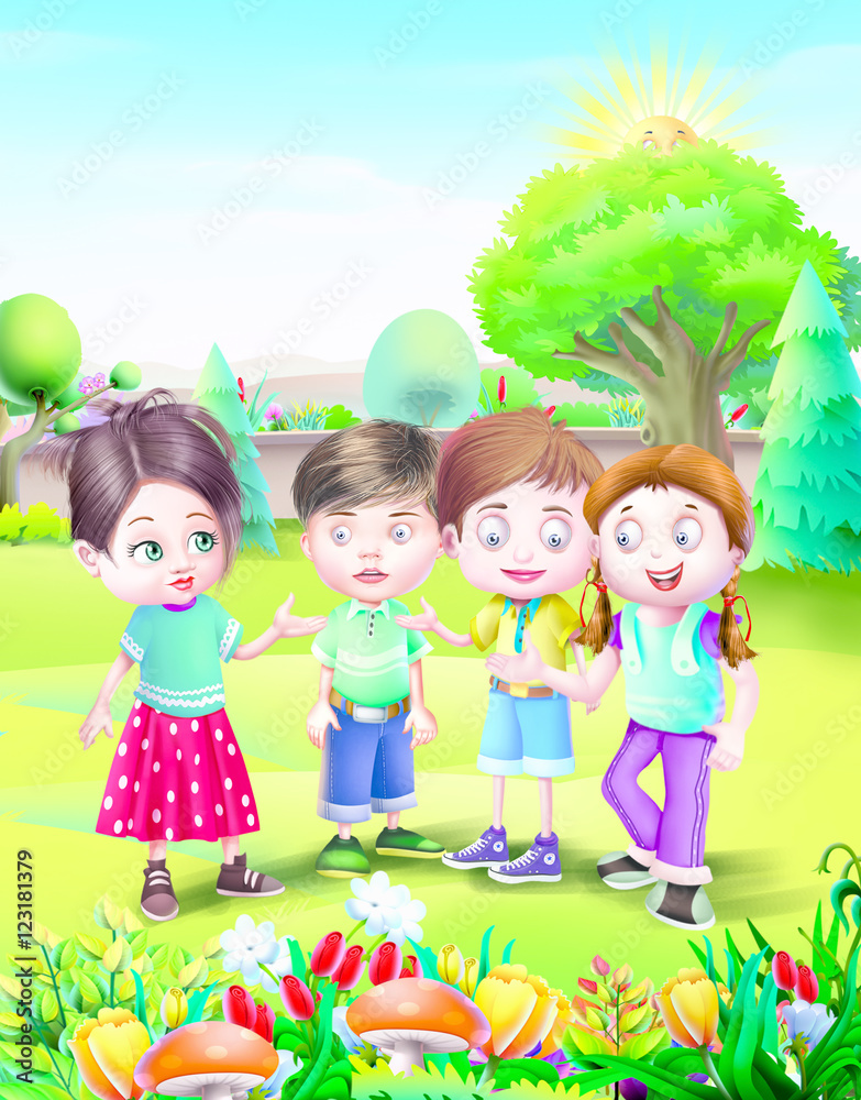 Kids making new friends Stock-Illustration | Adobe Stock