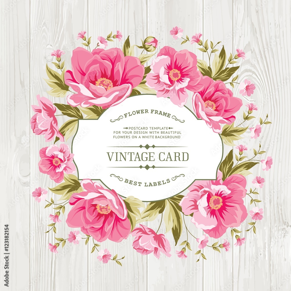 Vintage card design with flowers and petals over wooden texture. Border ...