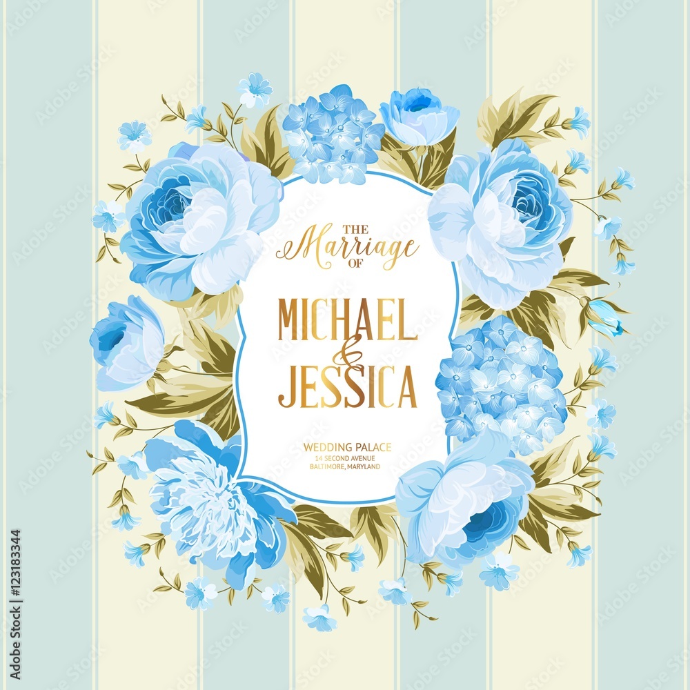 The marriage card. Wedding invitation card template. Border of blue ...