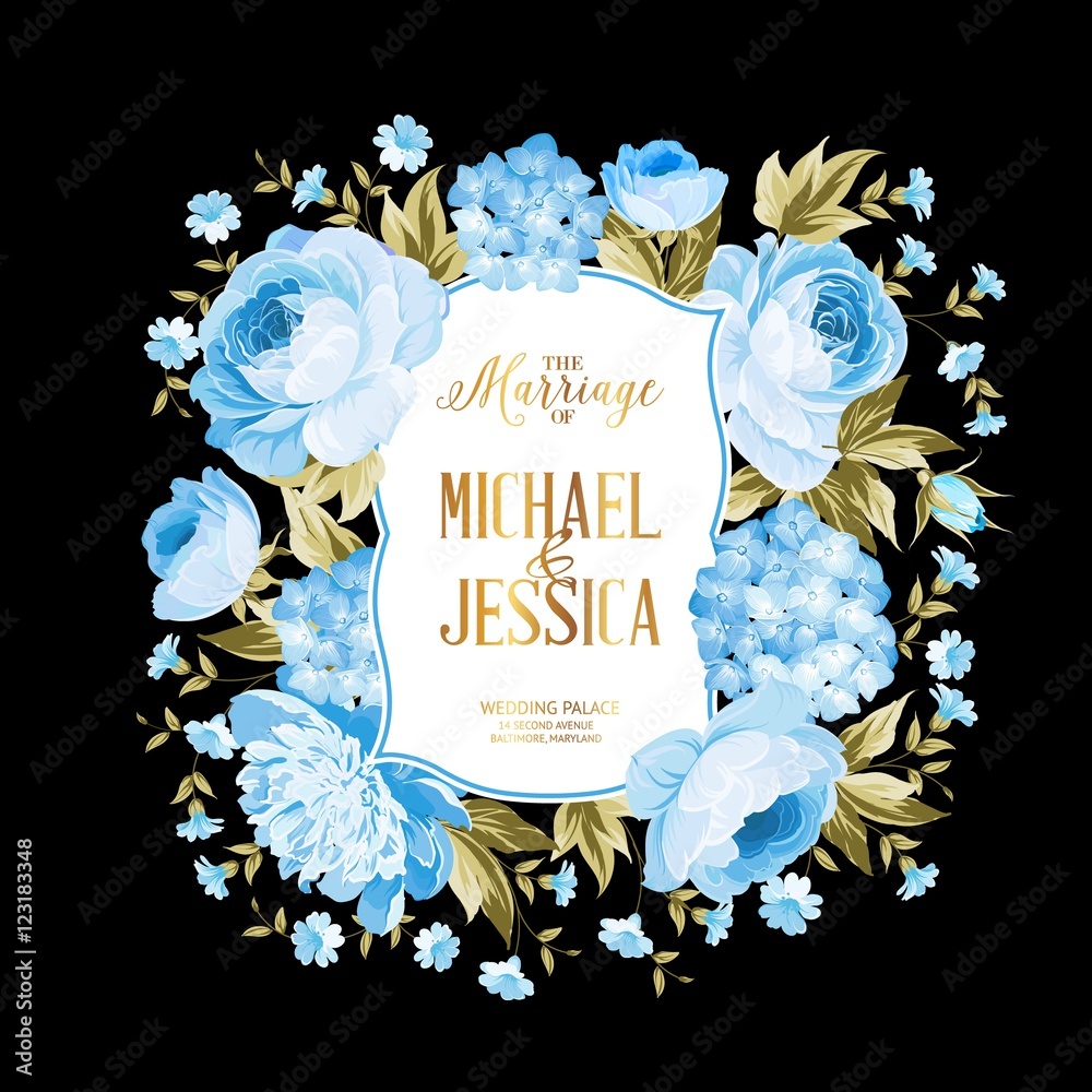 The marriage card. Wedding invitation card template. Border of blue ...