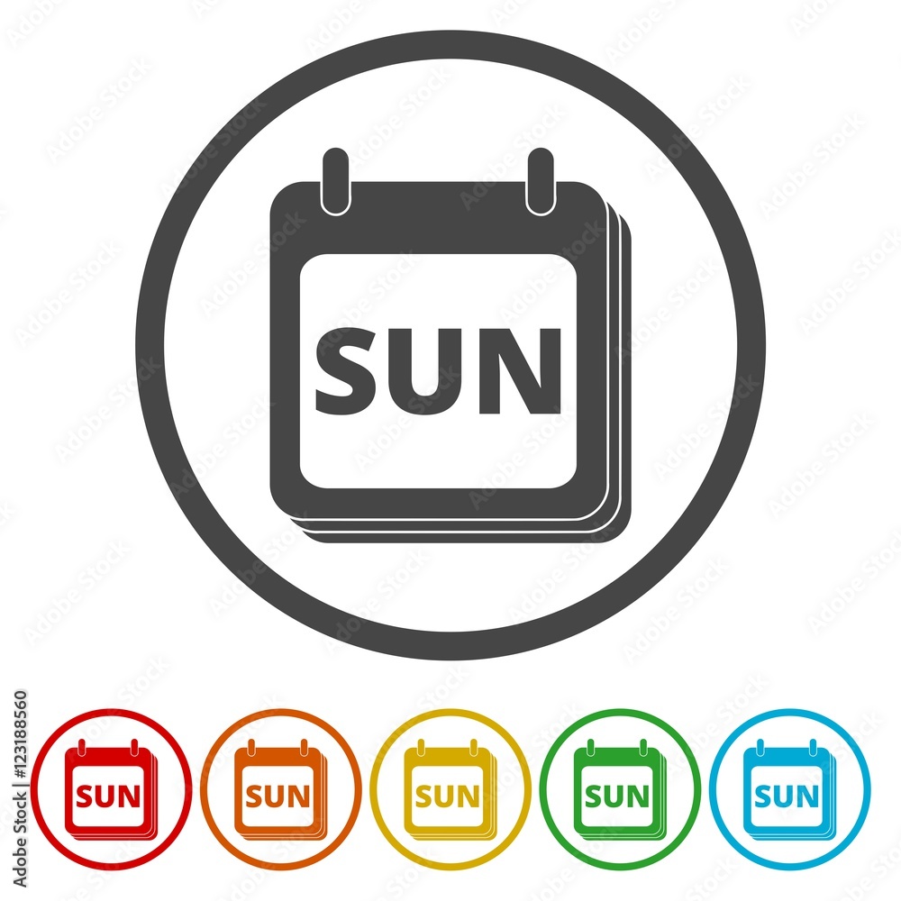 A wall calendar with the word Sunday. Flat colorful buttons for Sunday ...