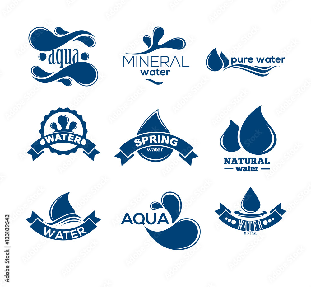 Blue logos set. Label for mineral water. Aqua icons collection. Stock ...