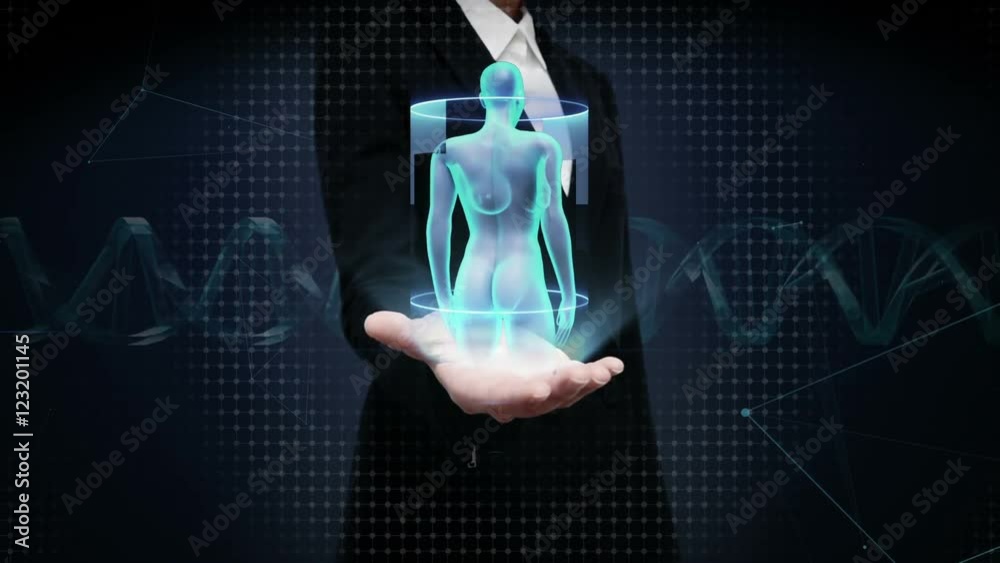 Businesswoman open palm, Zooming female Human body scanning internal ...