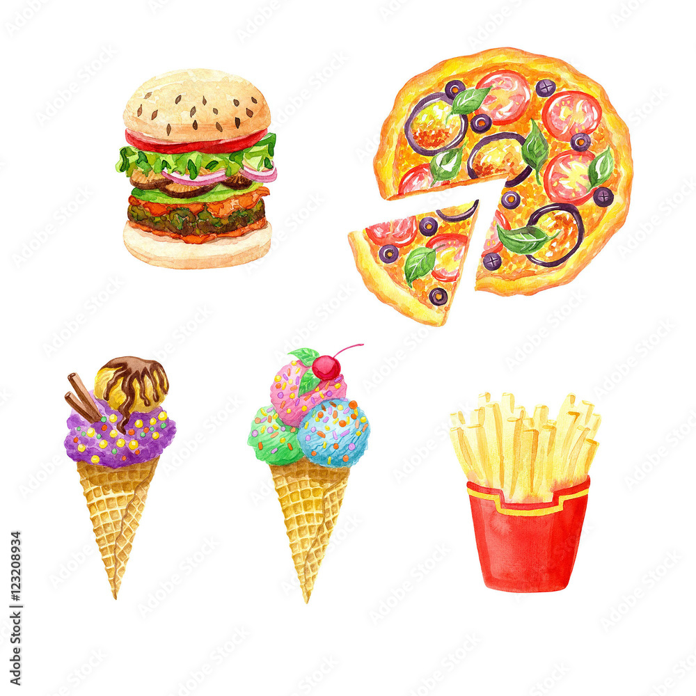 Watercolor hand drawn watercolor fast food set: french fries, pizza ...