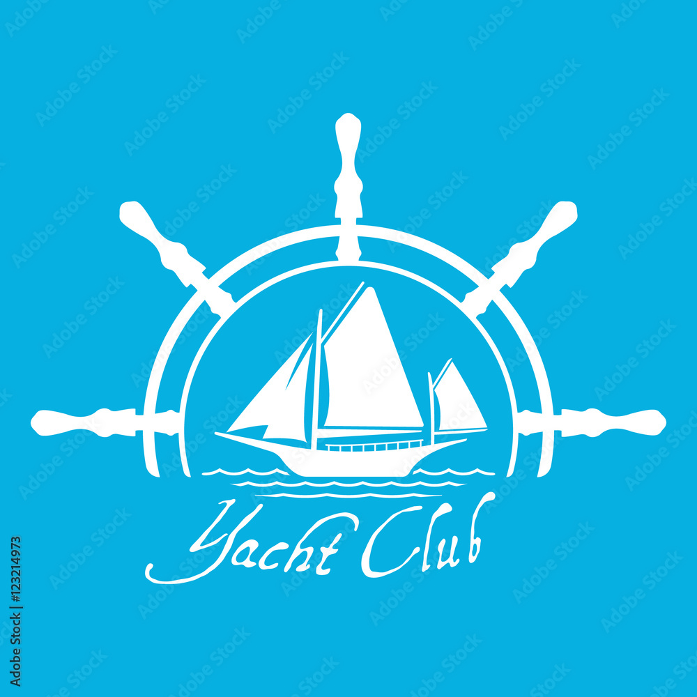 Flat Yacht Club logo icon with helm. Boat logo with water on blue ...