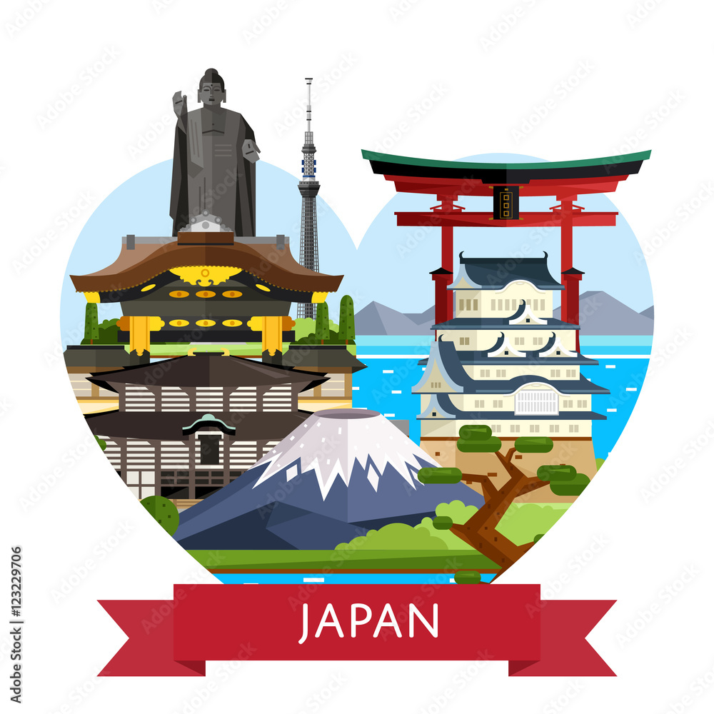 Japan travel banner with famous traditional and modern buildings on ...