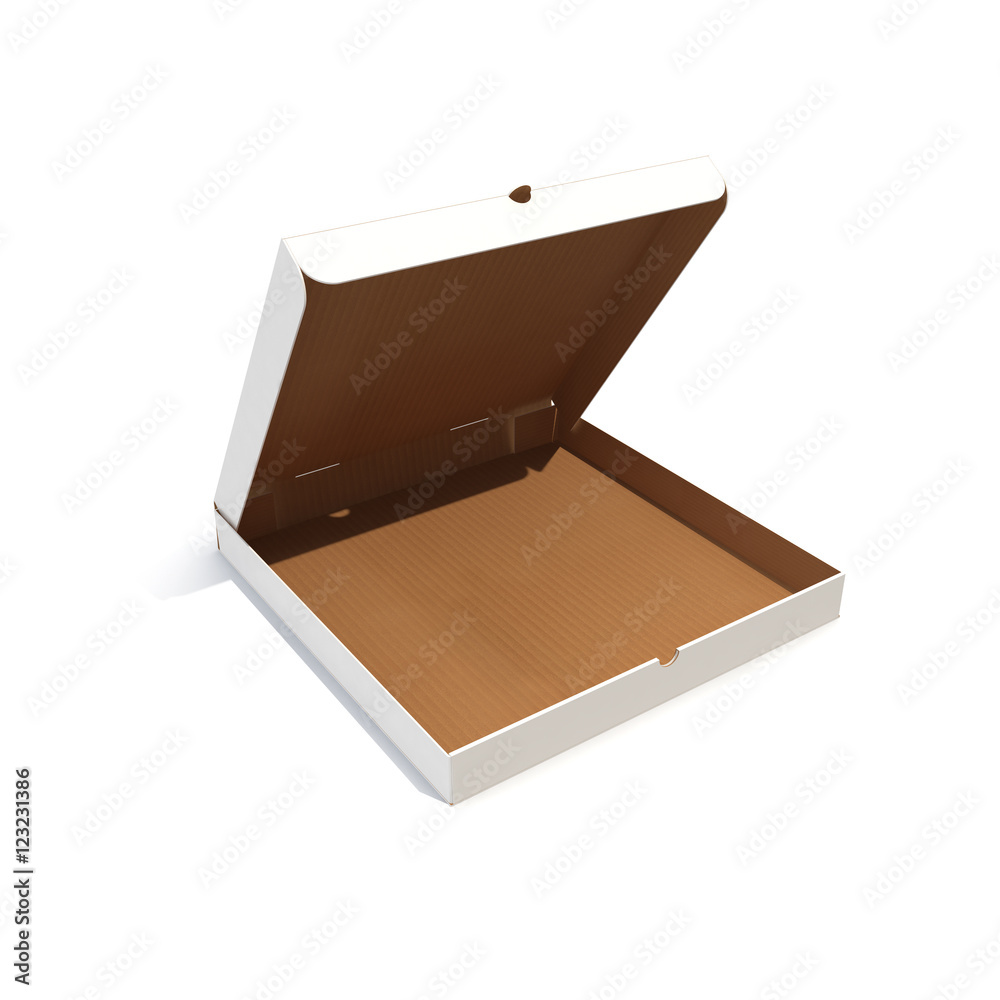 Open empty pizza box isolated on white. 3d rendering Stock Illustration ...