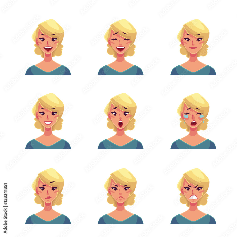 Girl face expression, set of cartoon vector illustrations isolated on ...